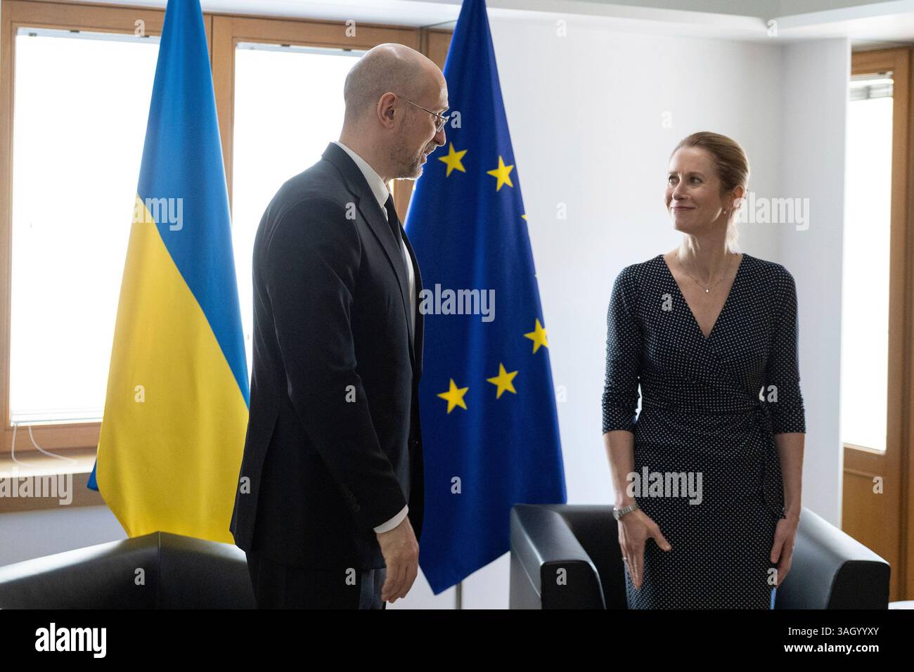 European Union foreign policy chief Kaja Kallas, right, speaks with ...