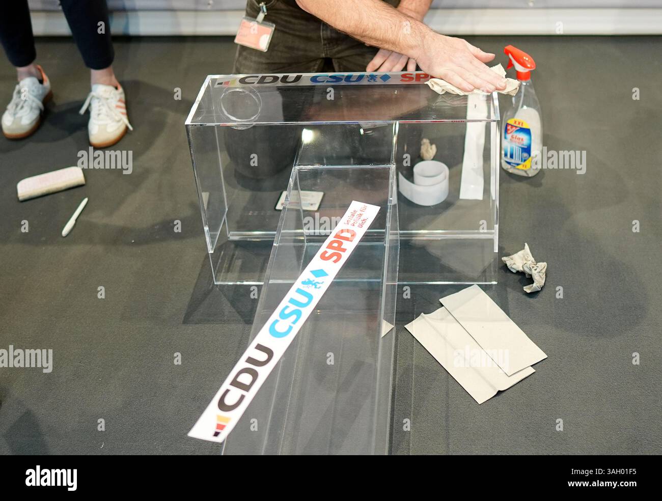 Berlin, Germany. 09th Apr, 2025. The lecterns are prepared before a ...