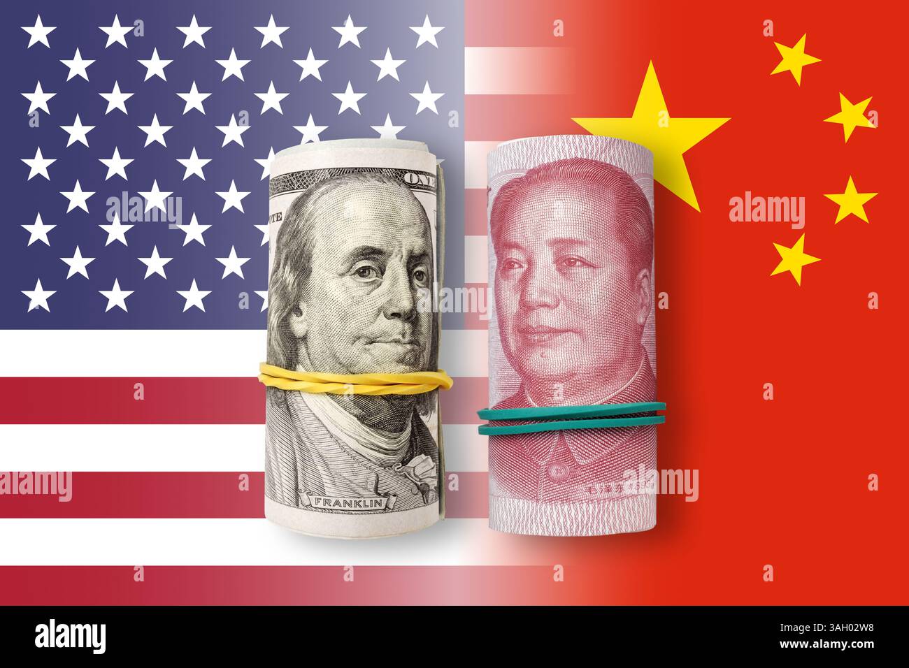 100 dollars and 100 yuan on a US and China flags background. US and ...
