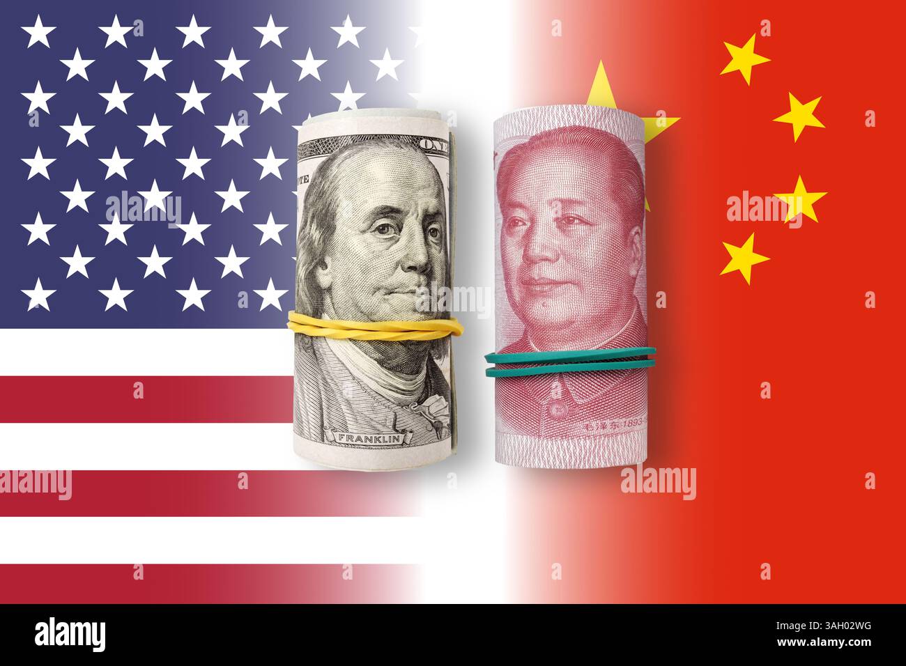 100 dollars and 100 yuan on a US and China flags background. US and ...