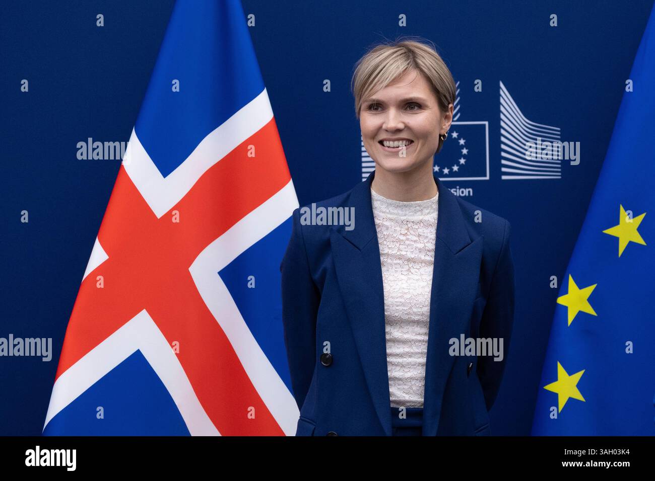 Iceland's Prime Minister Kristrun Frostadottir stands prior to a ...