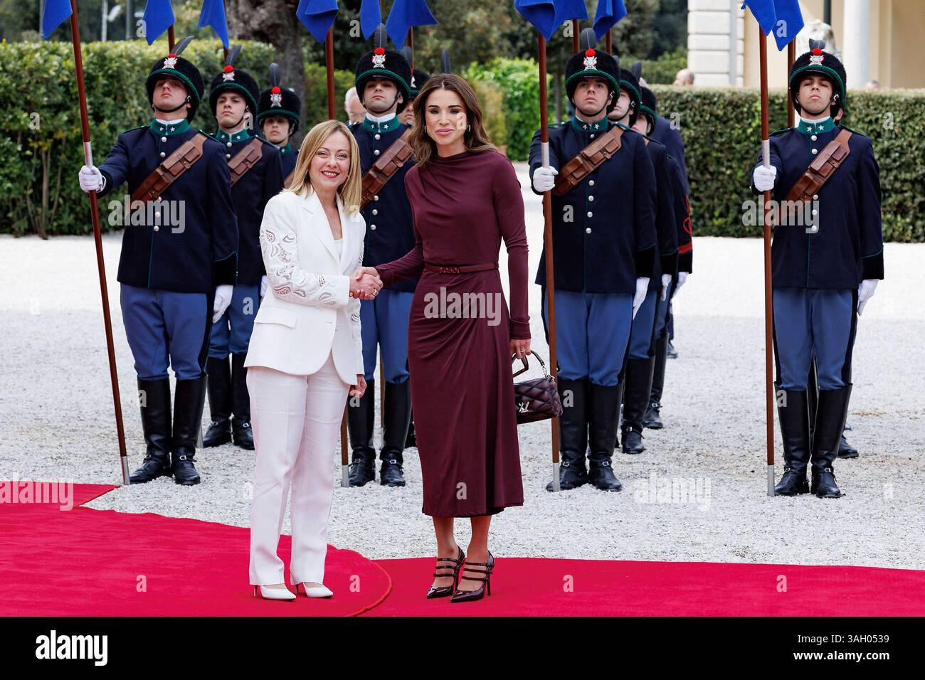 Queen Rania of Jordan, right, meets with Italian Prime Minister Giorgia Meloni at villa Doria ...