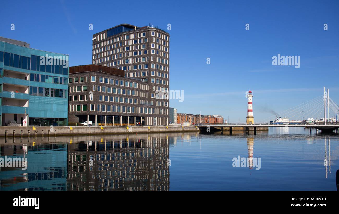 Illustration of modern office building with business facade near sea ...