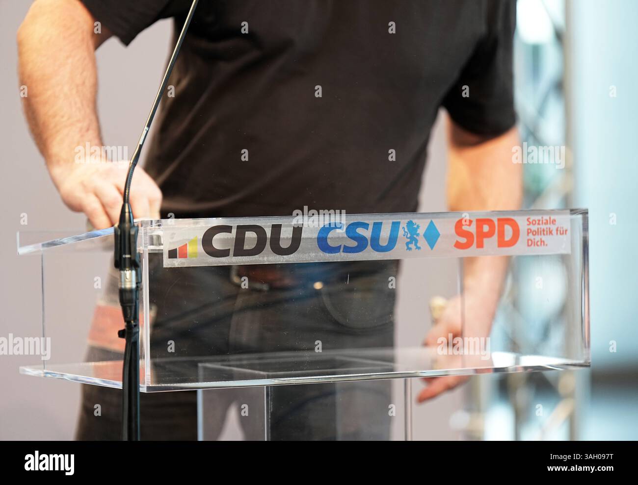 09 April 2025, Berlin: The lecterns are prepared before a press ...