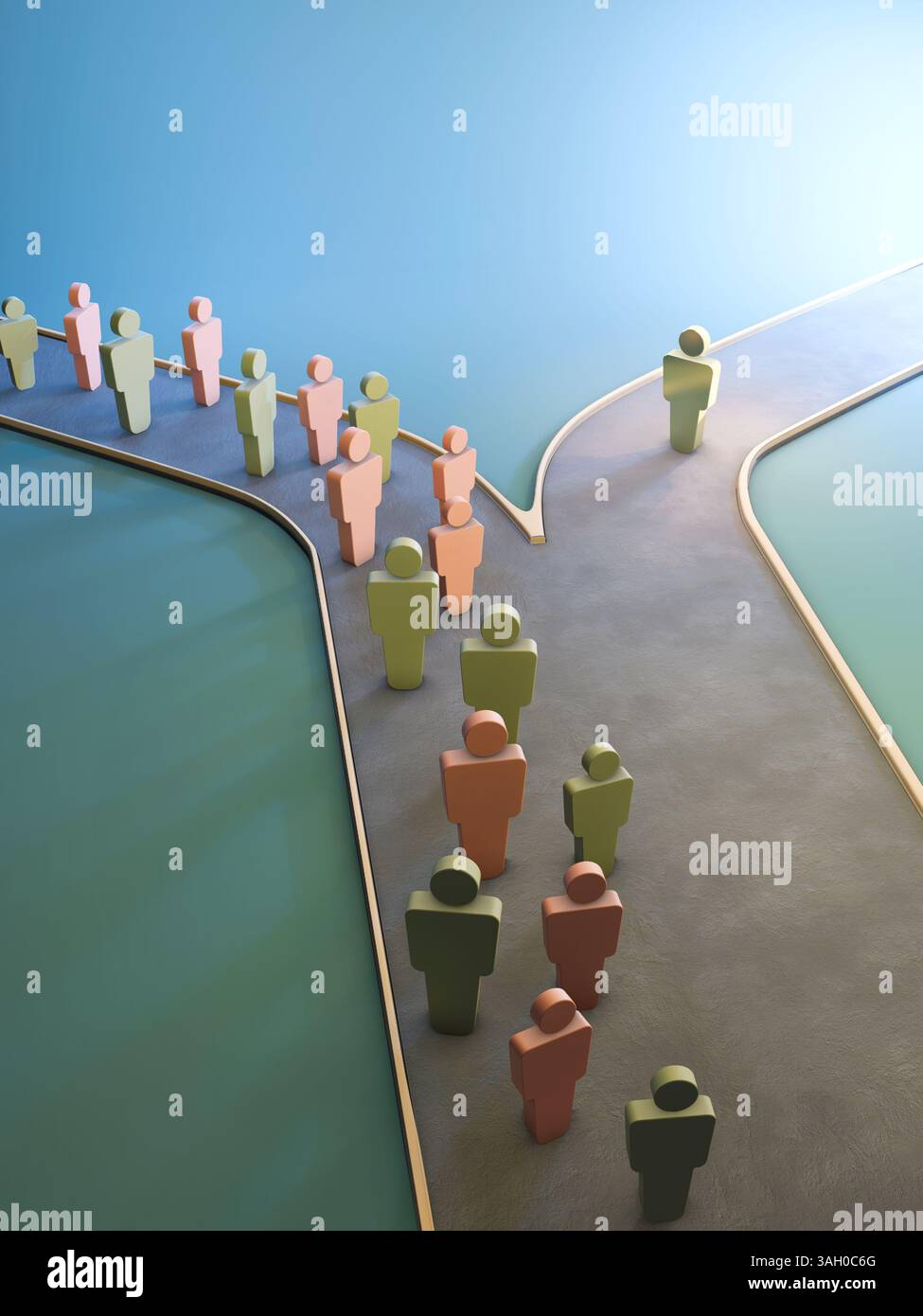 Taking a different path, away from the crowd. Digital illustration, 3D ...