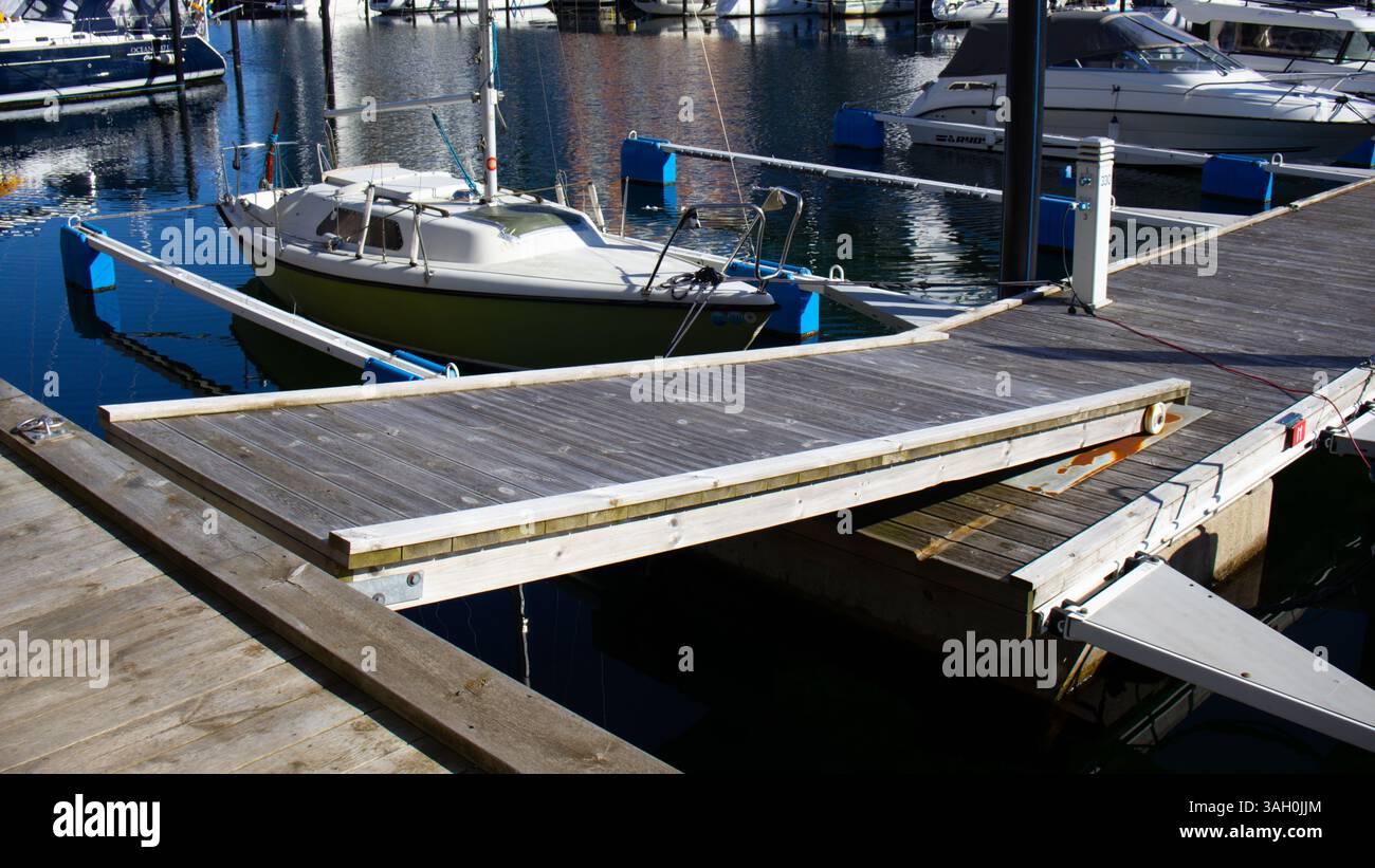 Sailing port dock in Malmo city with boats docked, clear sky, and calm ...