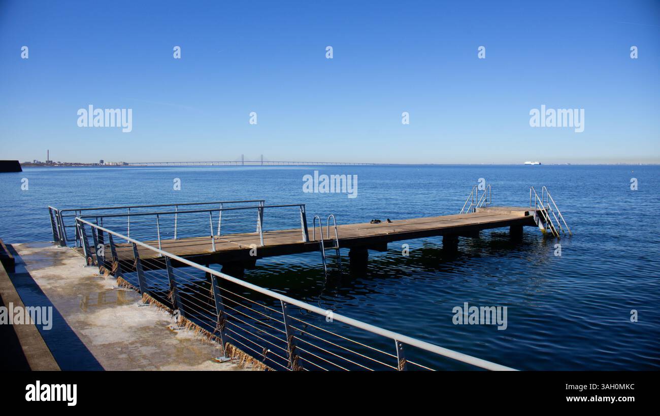 Aerial view above the North Sea with a landing stage in Malmo, Sweden ...