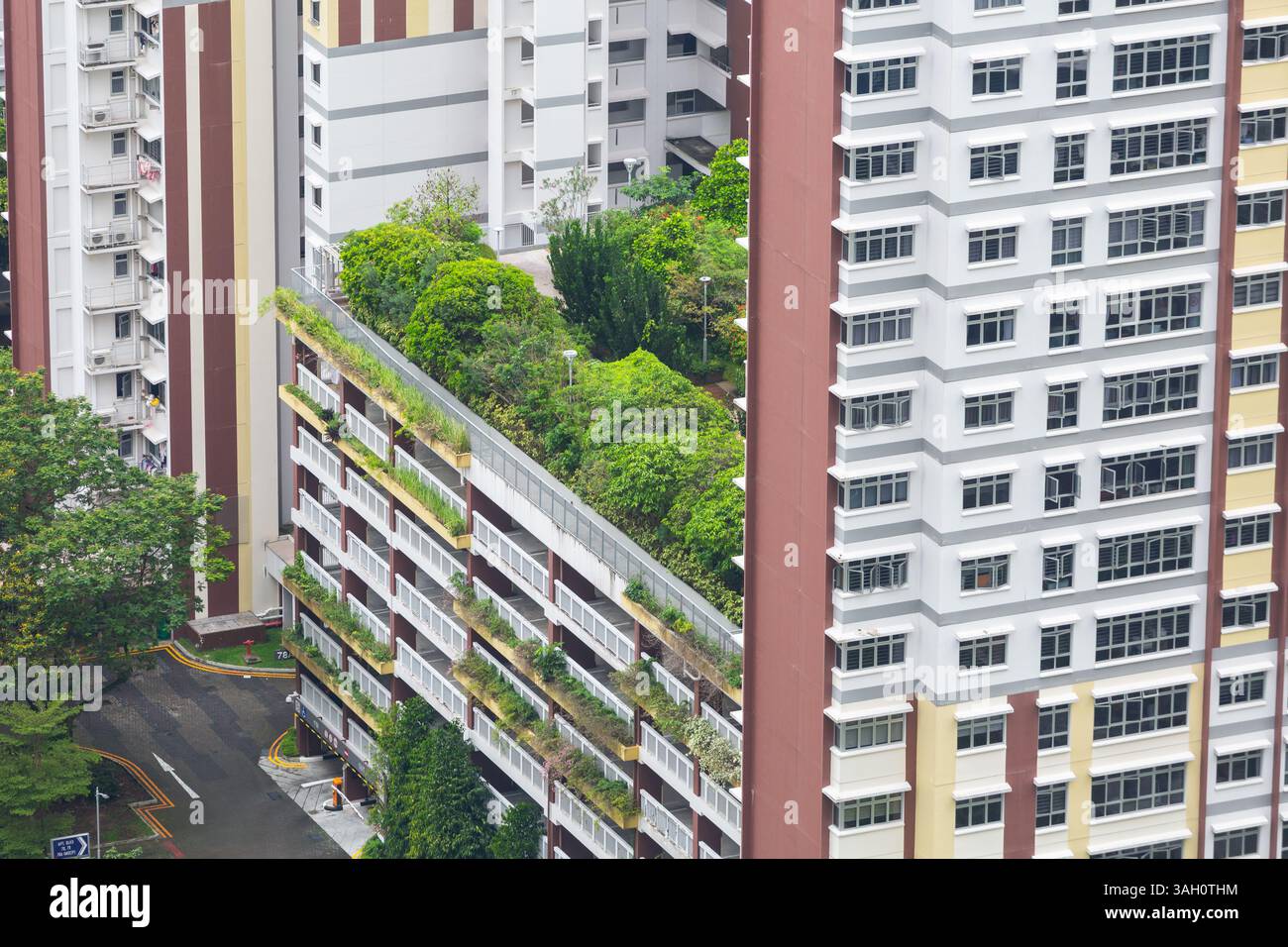 Aerial view. Trees and plants are planted on buildings rooftop to ...