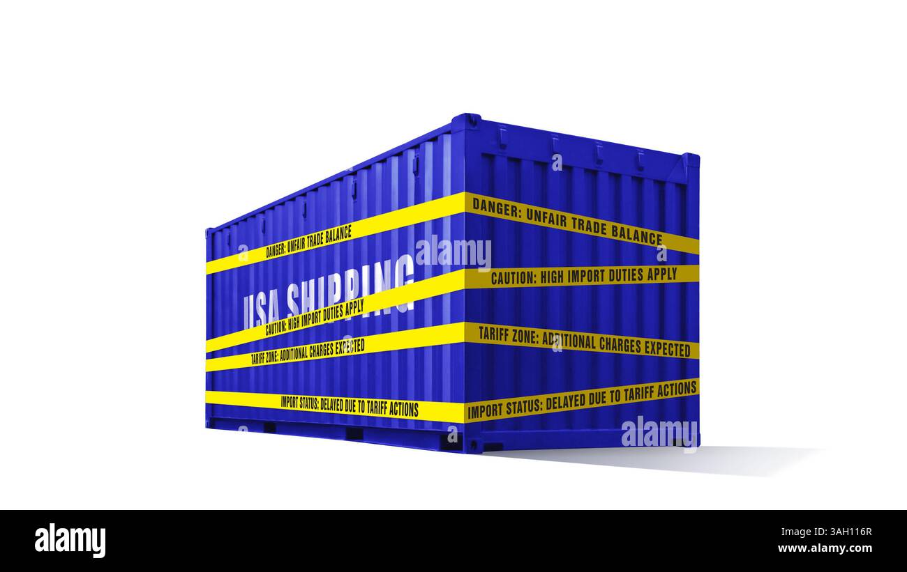 Blue shipping container labeled USA SHIPPING surrounded by yellow ...