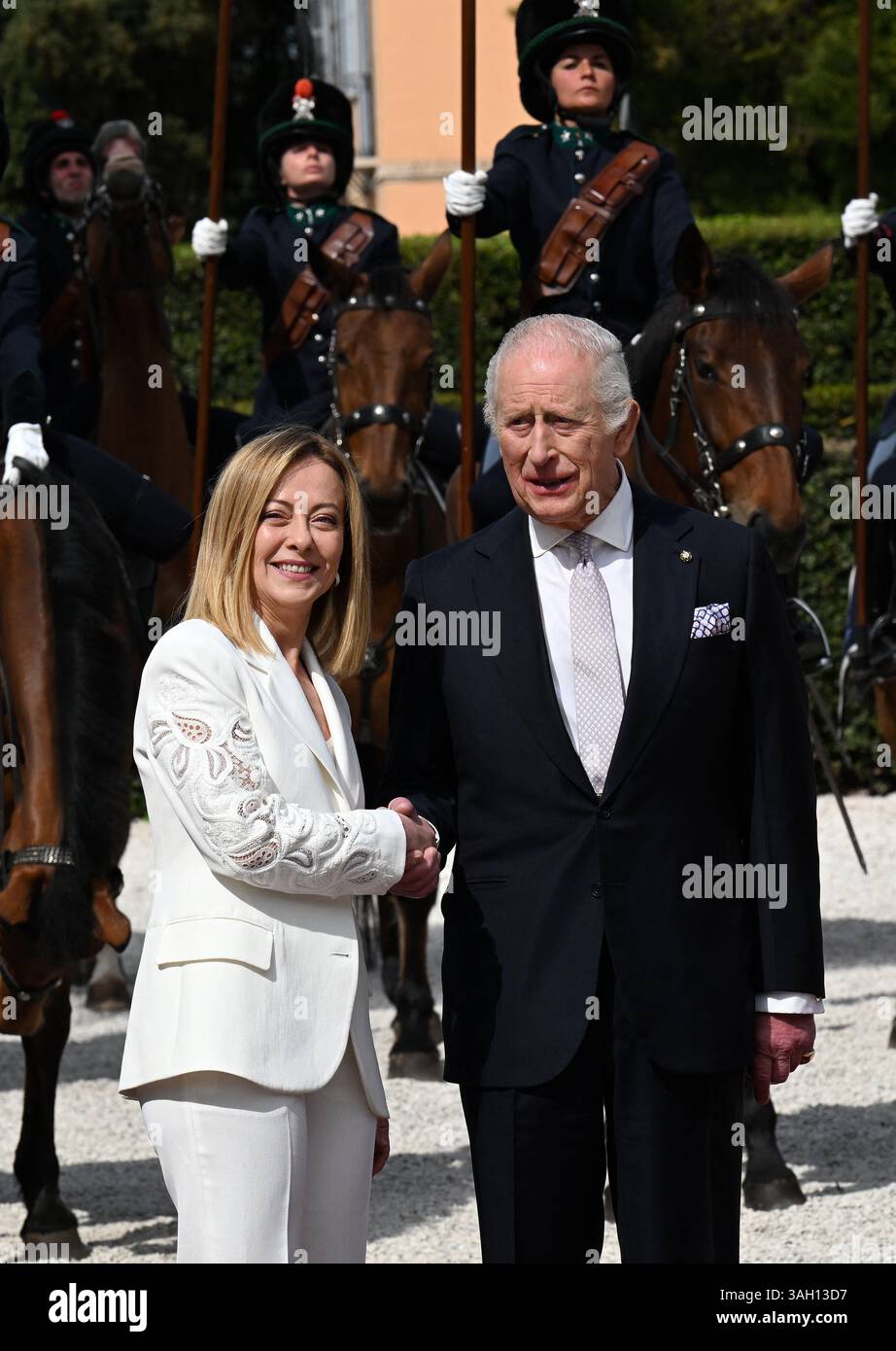 Rome, Italy. 09th Apr, 2025. King Charles III is received by Italian ...