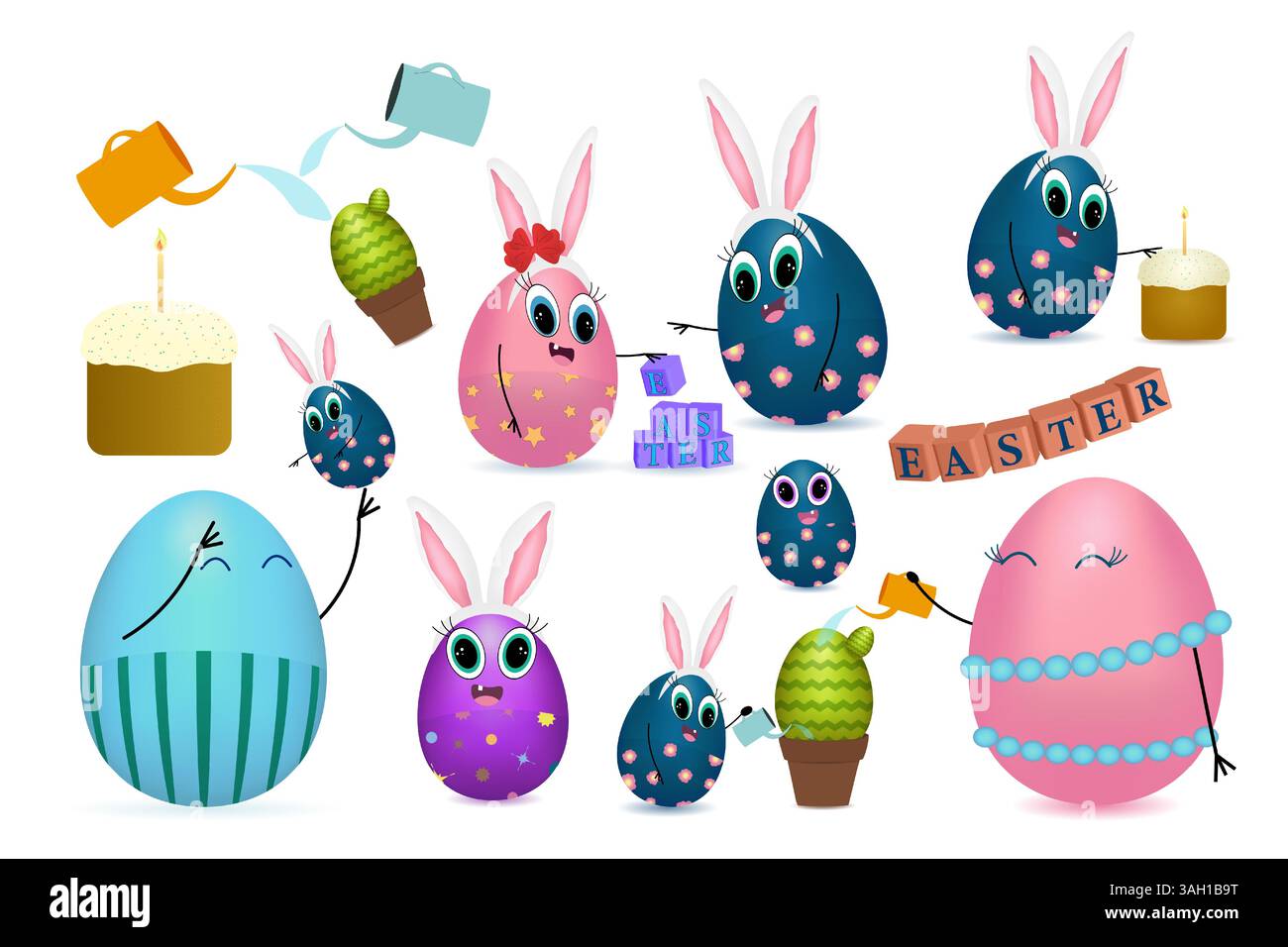 3D clip art set of Easter eggs characters of adults and children with ...
