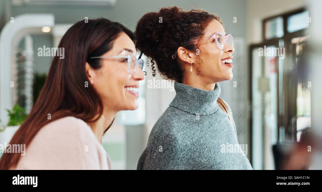 Optometry, women and client with glasses, consultation and friendly ...