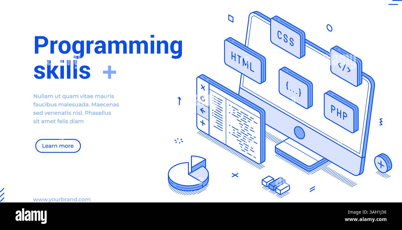 Programming skills computer software development isometric web banner monochrome vector ...