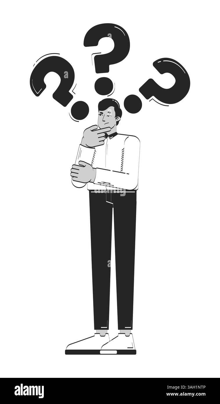 Indian corporate man pondering with question marks doodle linear ...