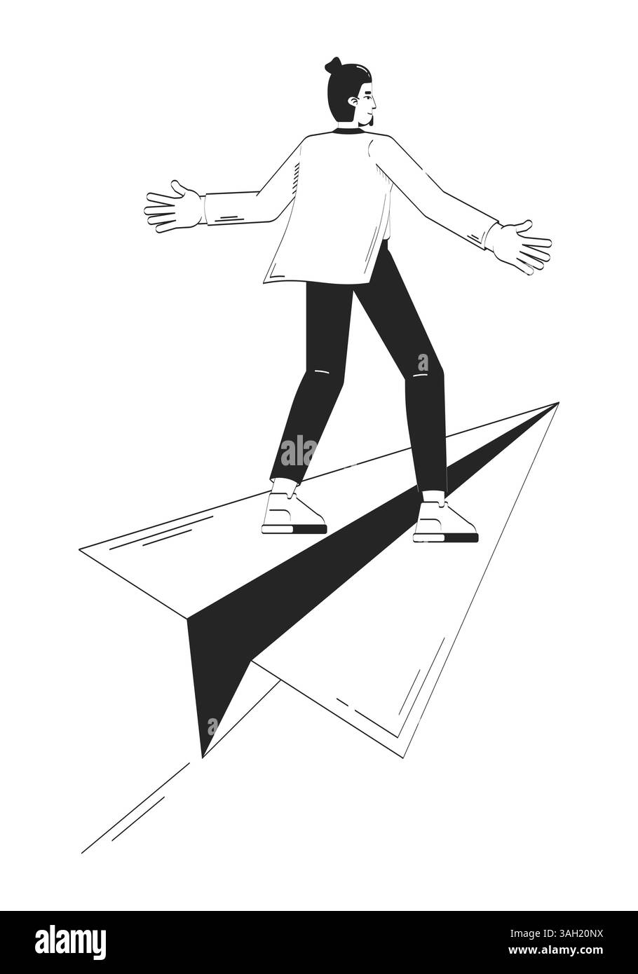 Confident business man riding forward on large paper plane doodle ...