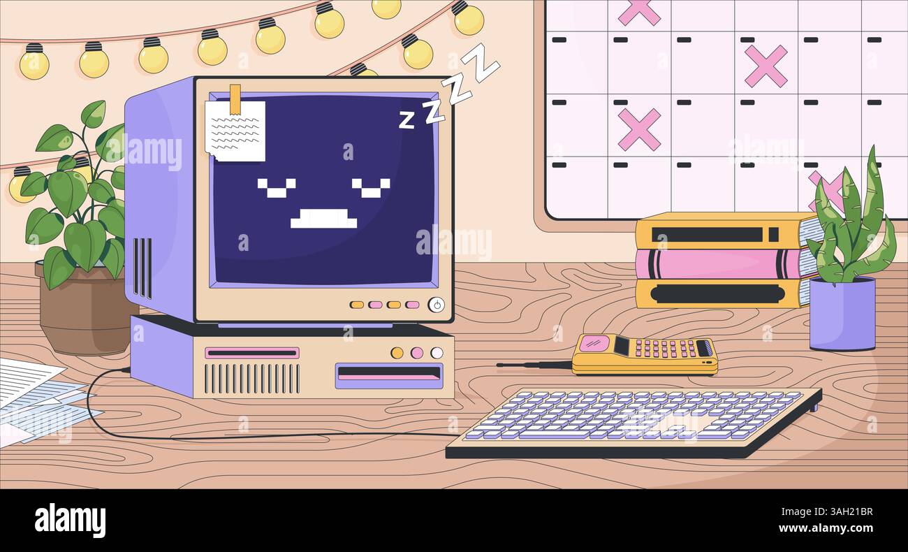 Cozy workspace desk with retro computer lofi wallpaper Stock Vector Image & Art - Alamy
