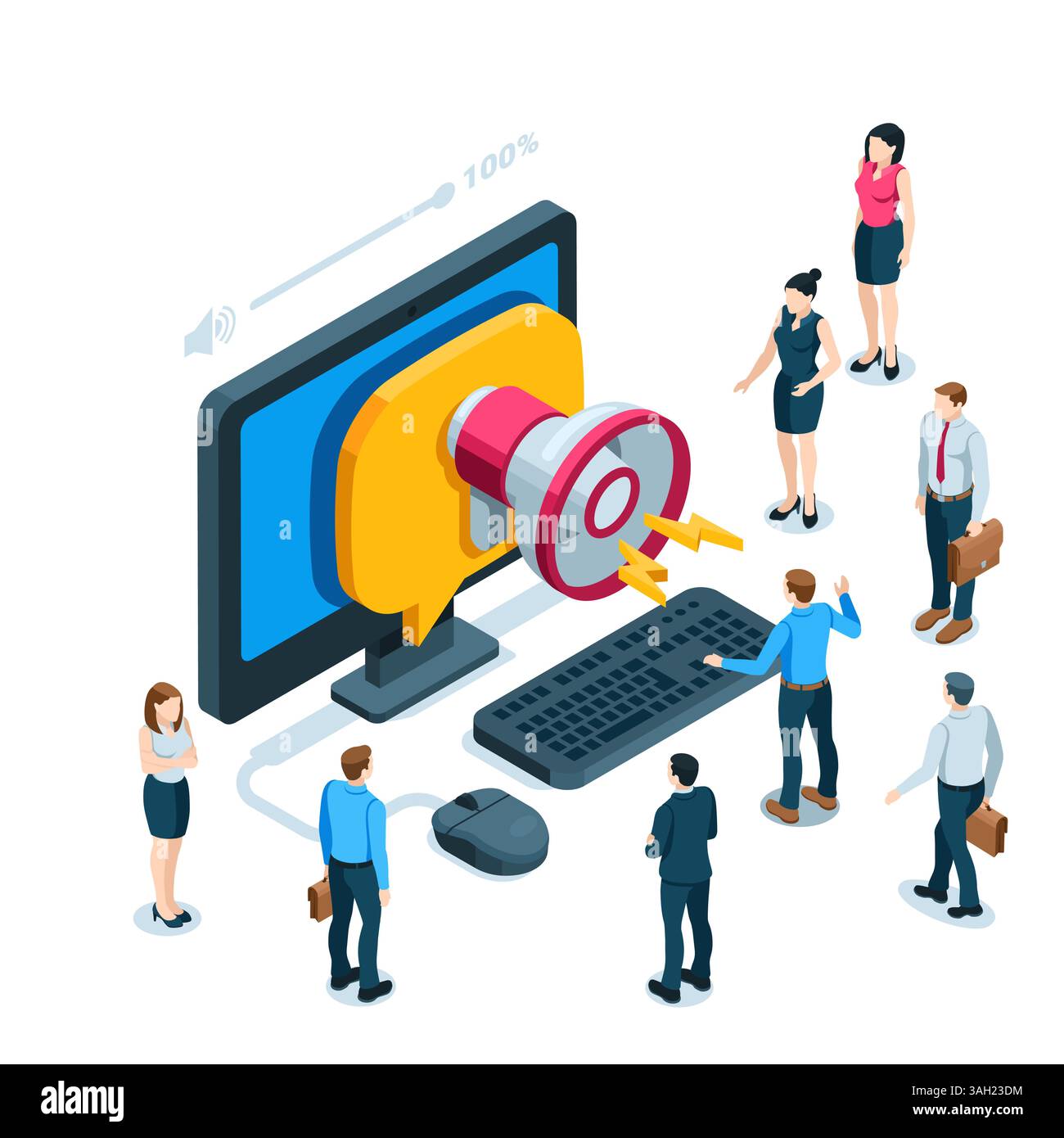 isometric computer with loudspeaker and business people in color on ...