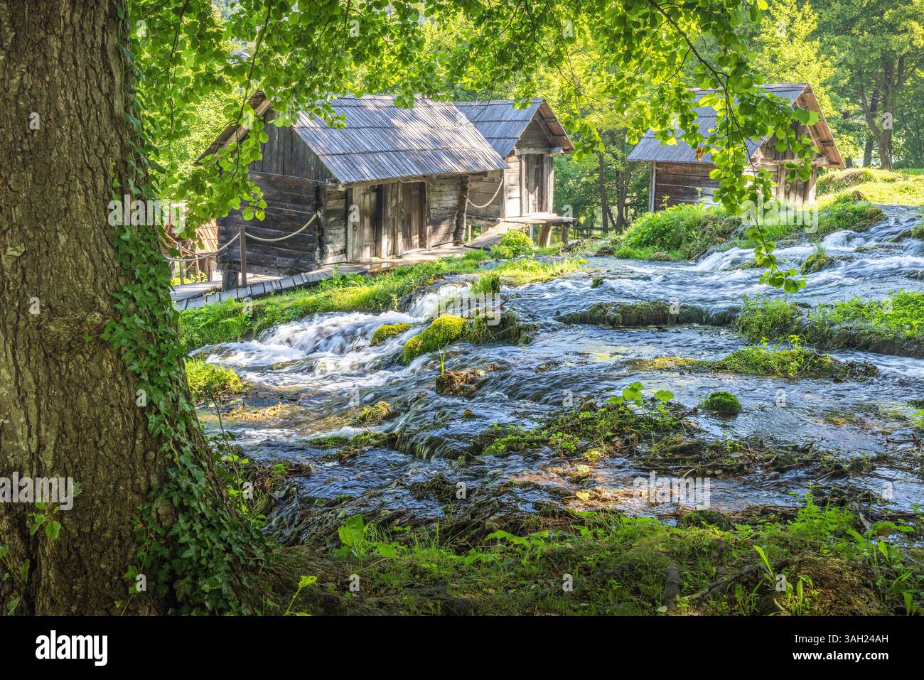 The Mlincici wooden watermills at Pliva river near Jajce town in Bosnia ...