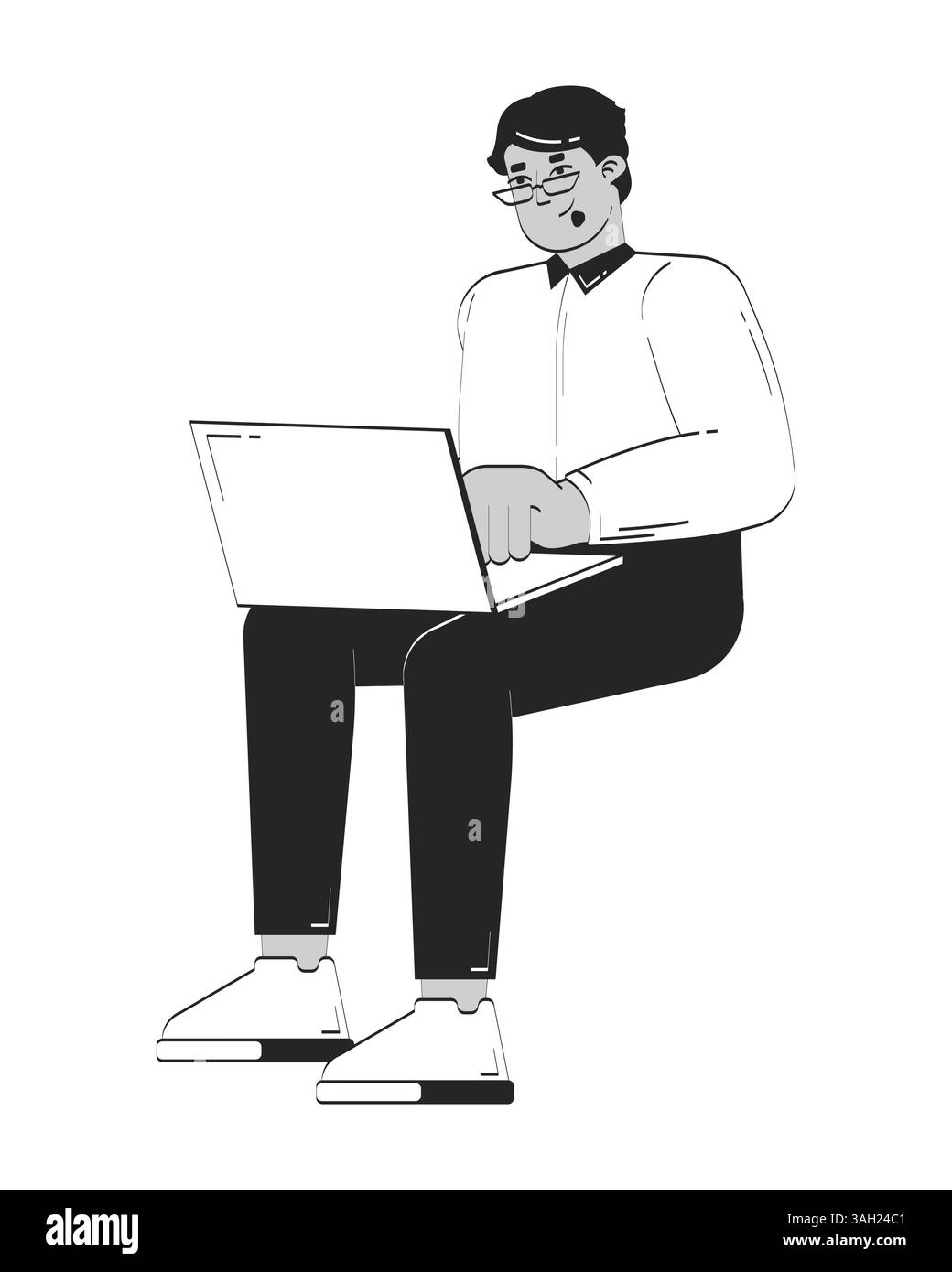 Remote office worker using laptop doodle linear character Stock Vector ...