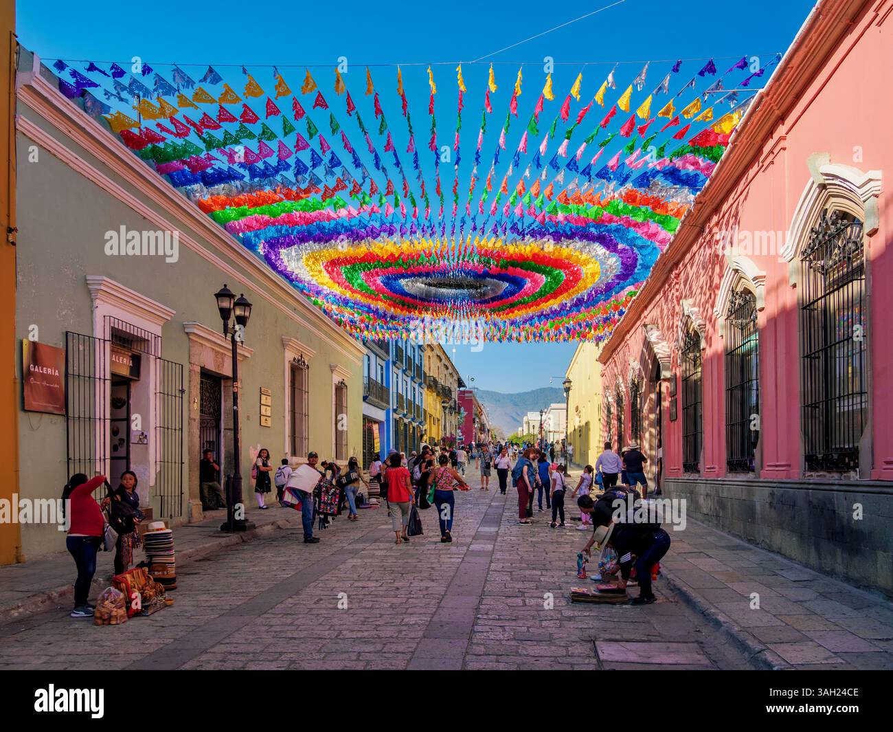 Colourful decorations at the Macedonio Alcala Street, Oaxaca de Juarez ...