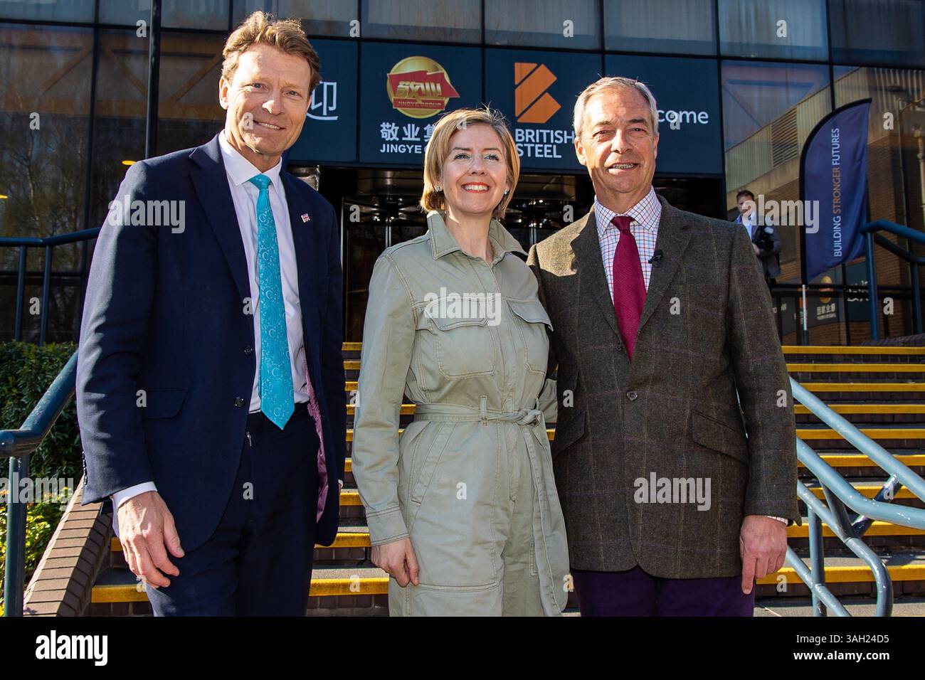 Scunthorpe, UK. 08th Apr, 2025. Richard Tice, Andrea Jenkins and Nigel ...