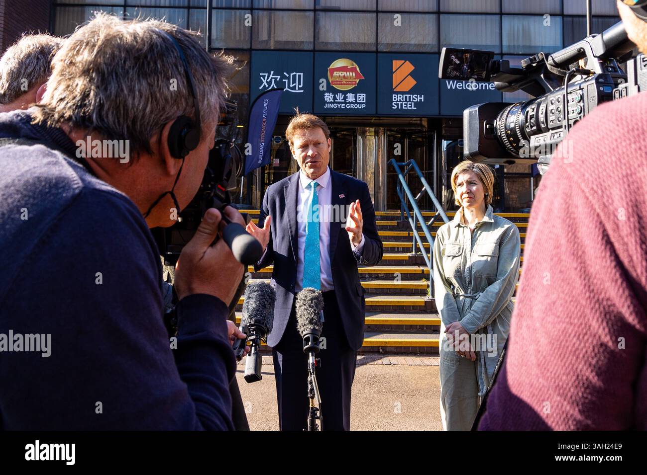 Scunthorpe, UK, 08 April 2025, Richard Tice and Andrea Jenkins during a ...