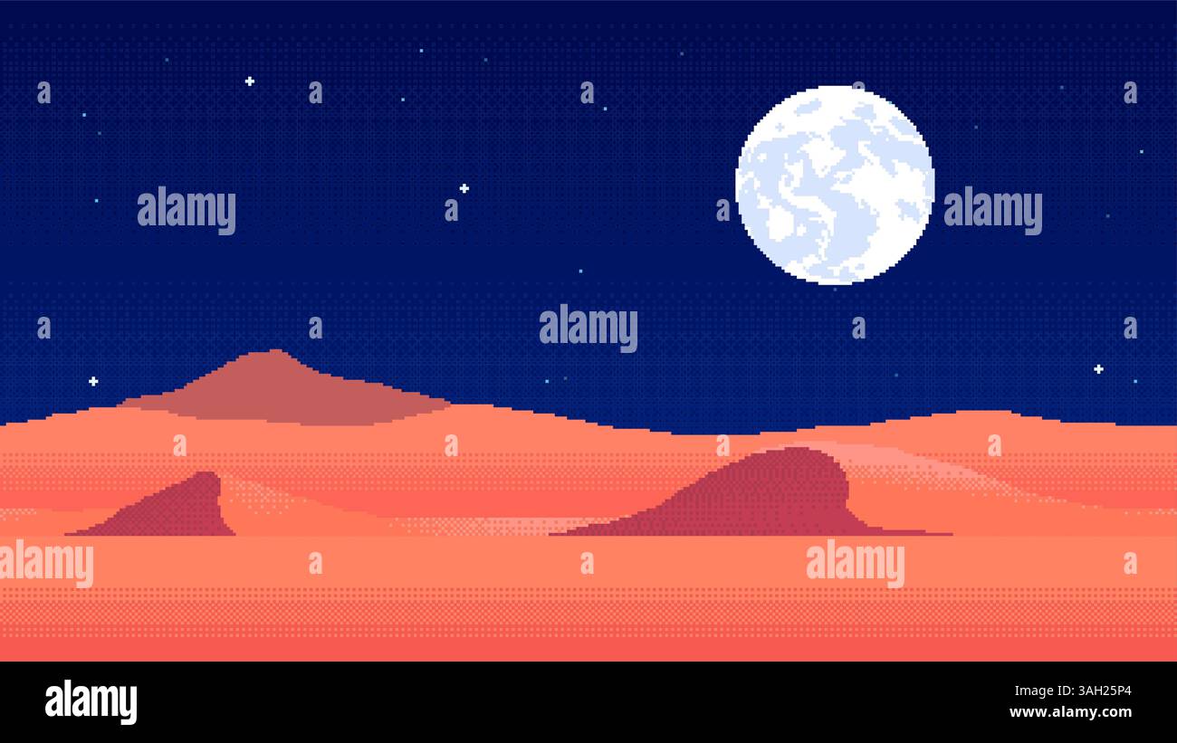 Pixel art night desert landscape. Retro cartoon 8bit video game arcade ...