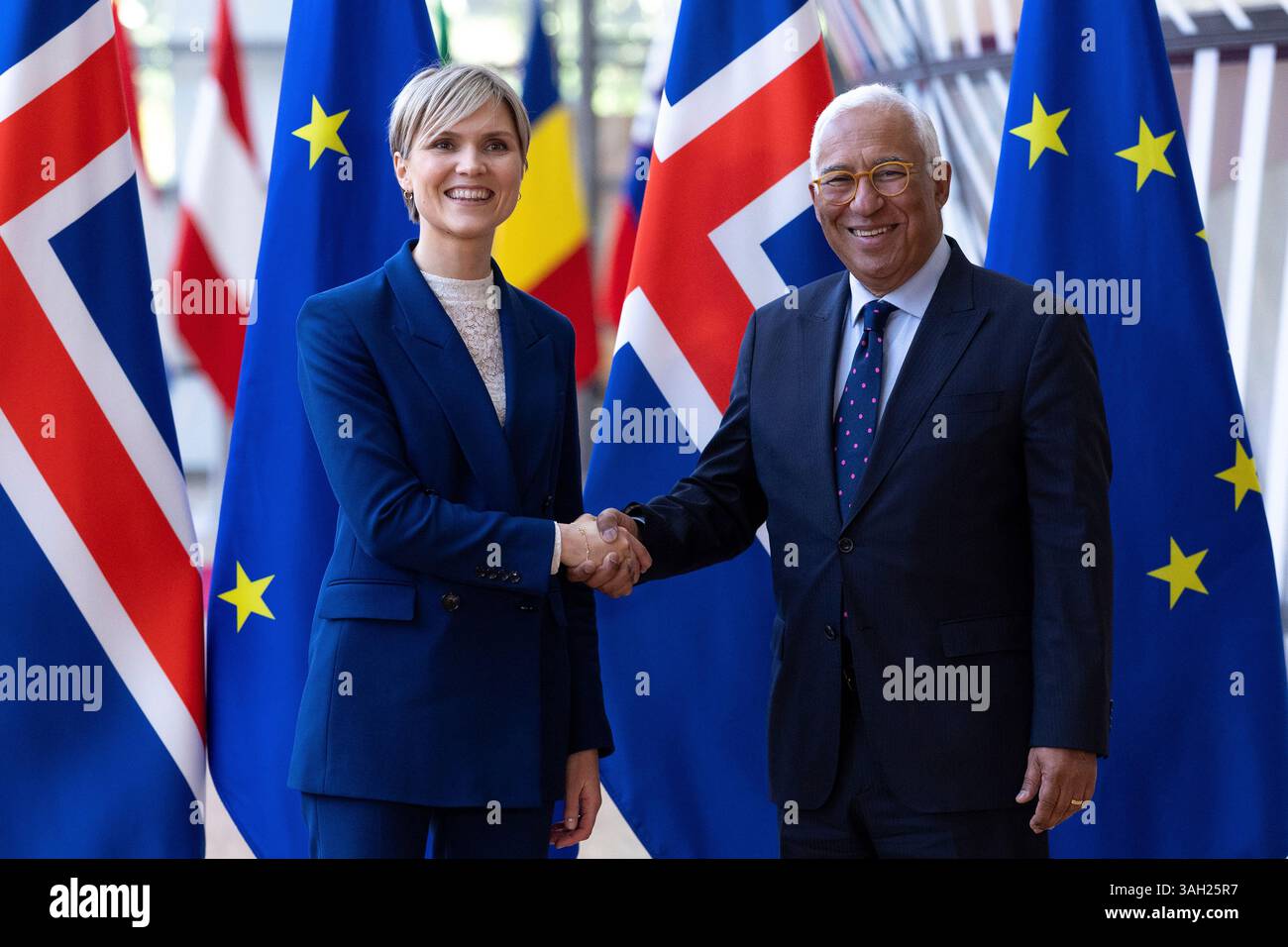 European Council President Antonio Costa, right, greets Iceland's Prime ...