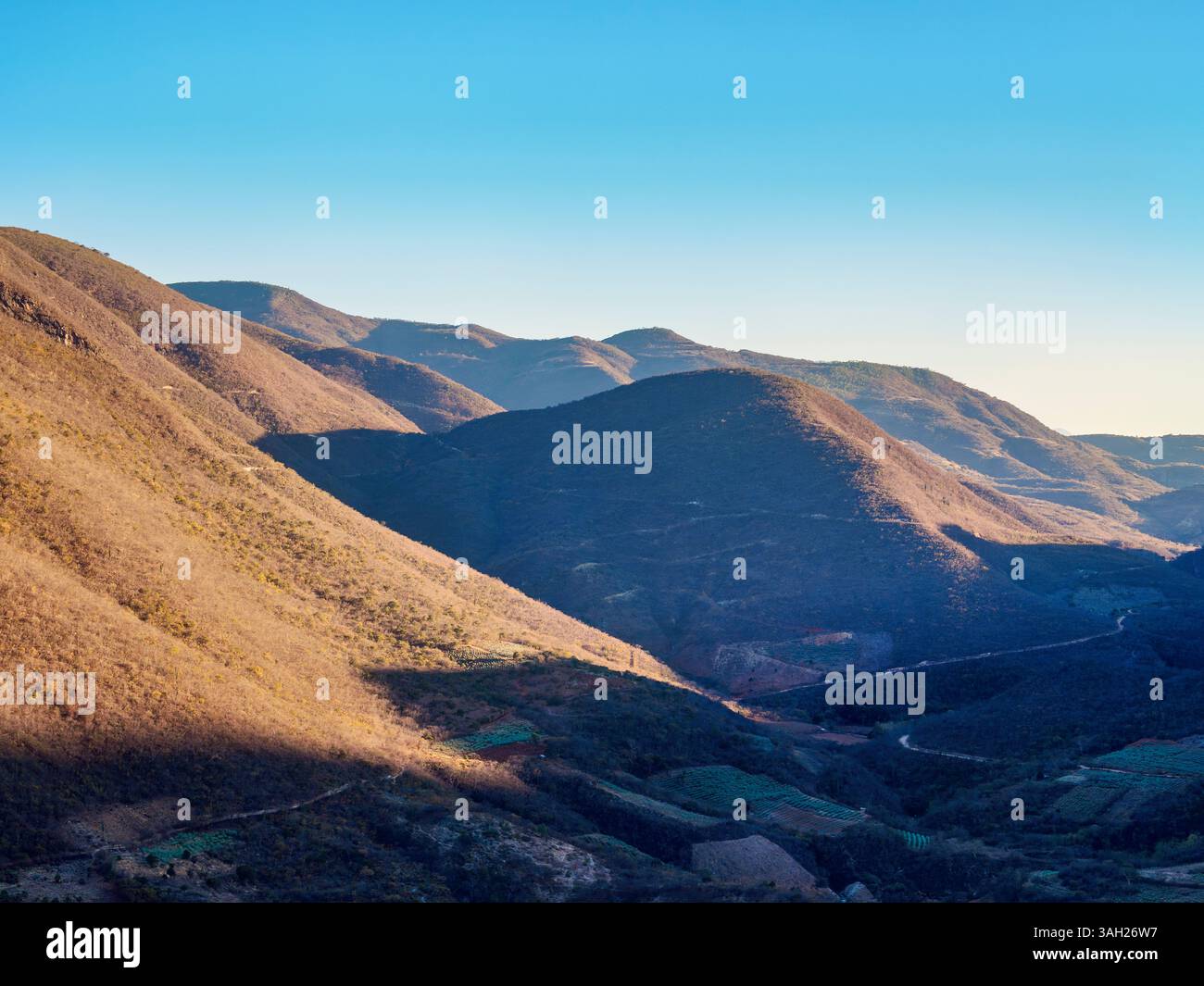 Landscape seen from Hierve el Agua at sunset, San Lorenzo Albarradas ...