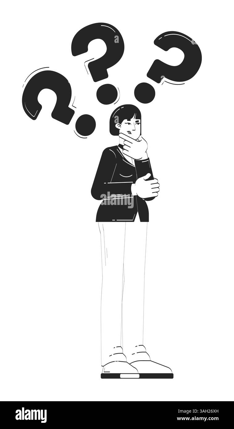 Asian business woman thinking with question marks doodle linear ...