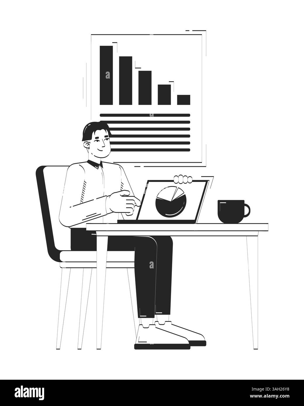 Korean male office worker analyzing charts on laptop at desk doodle ...