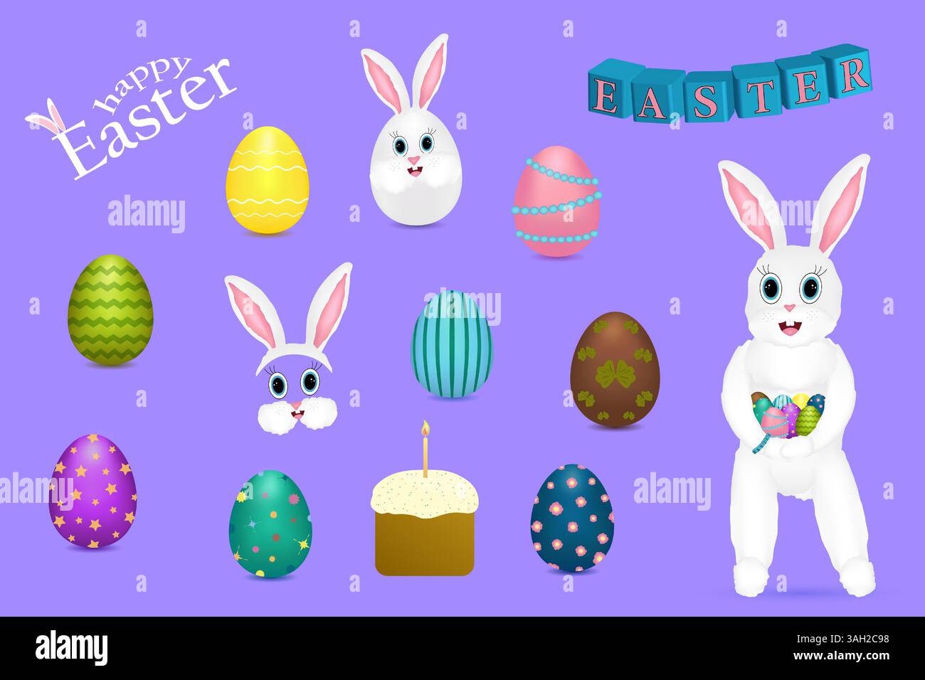 A festive Easter 3D clip art set featuring ornate eggs, a ...
