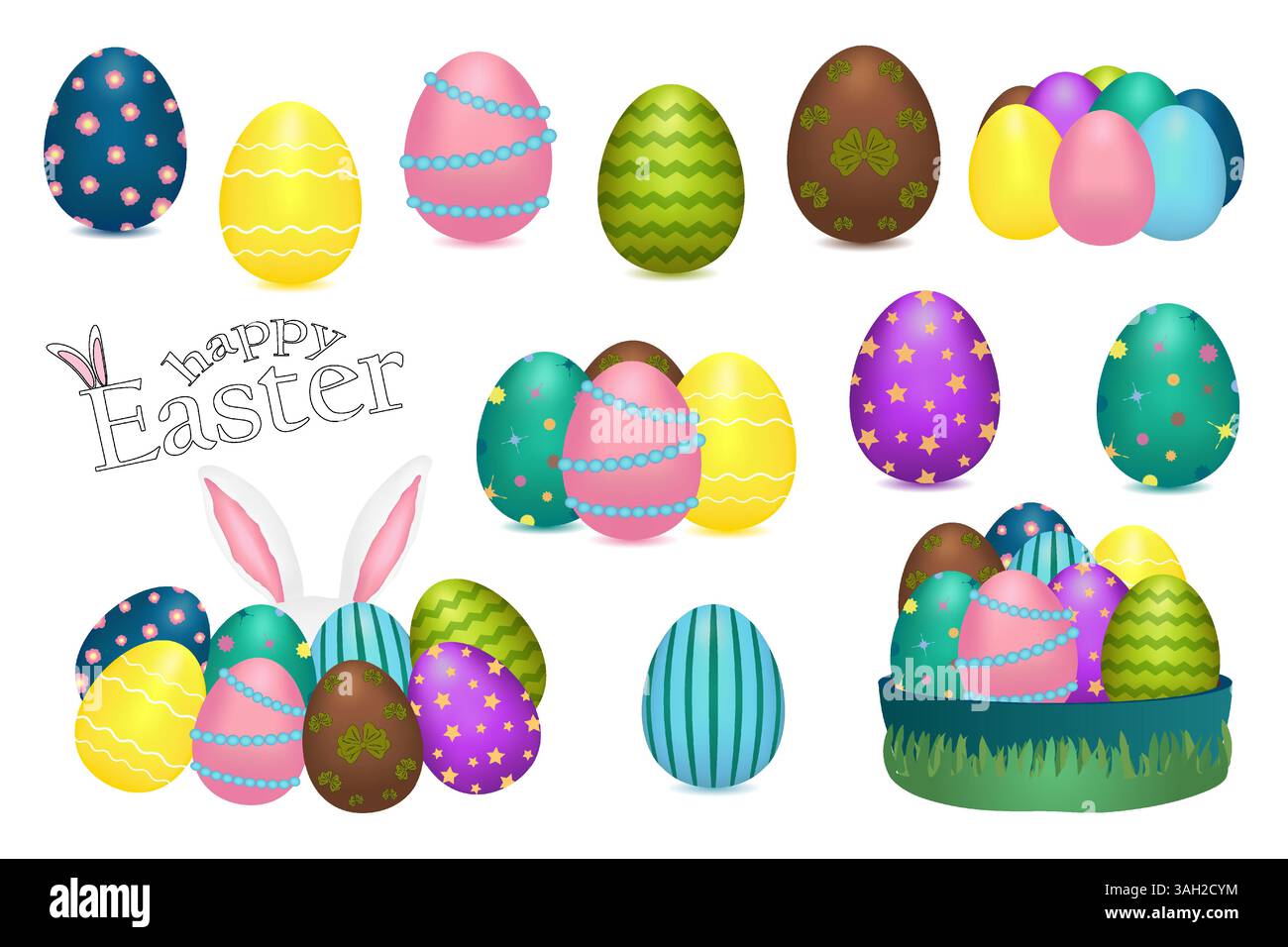3D set of Easter eggs with pastel colors and various patterns, a pile ...