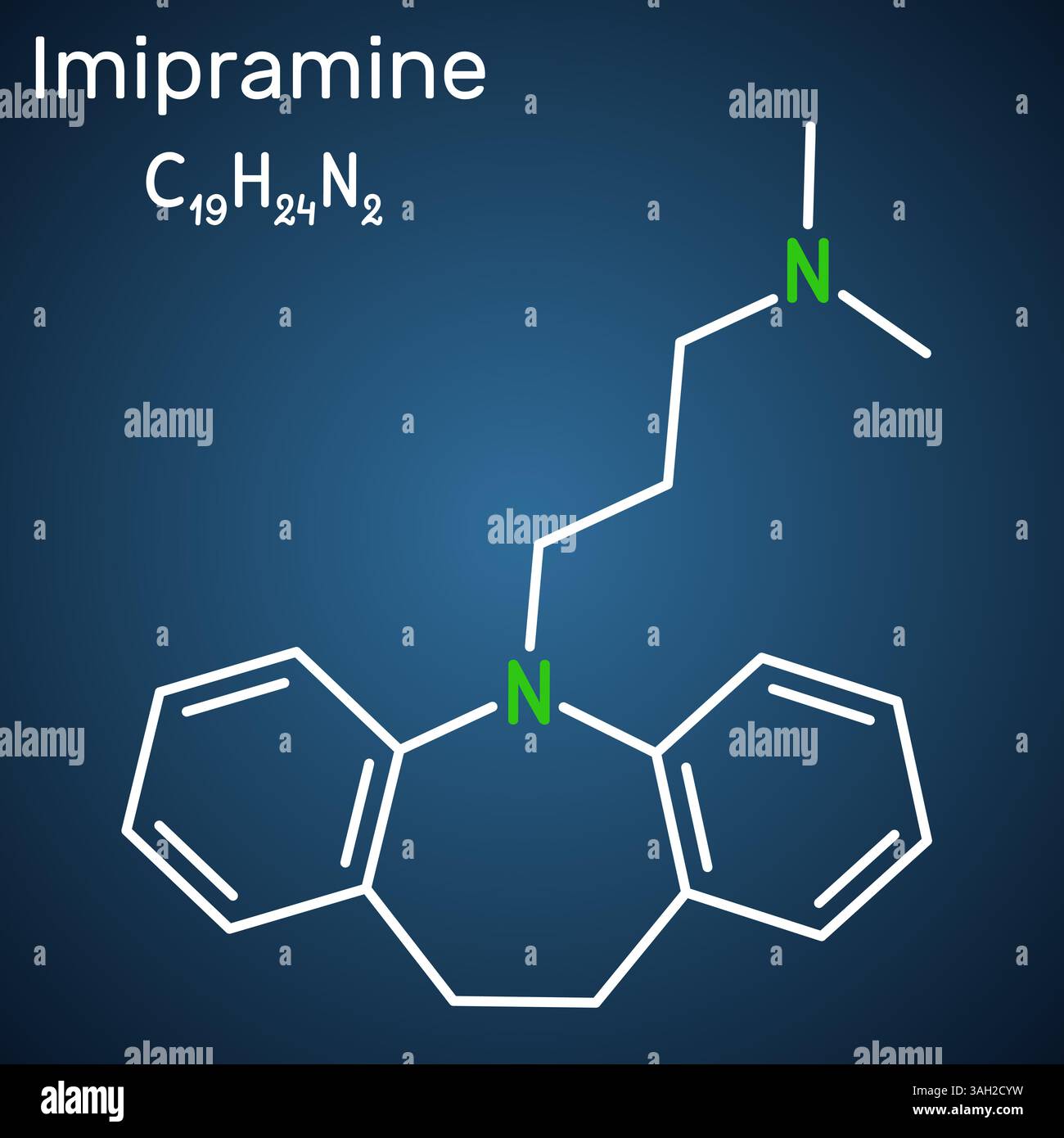 Imipramine molecule. Tricyclic antidepressant, TCA for treating ...