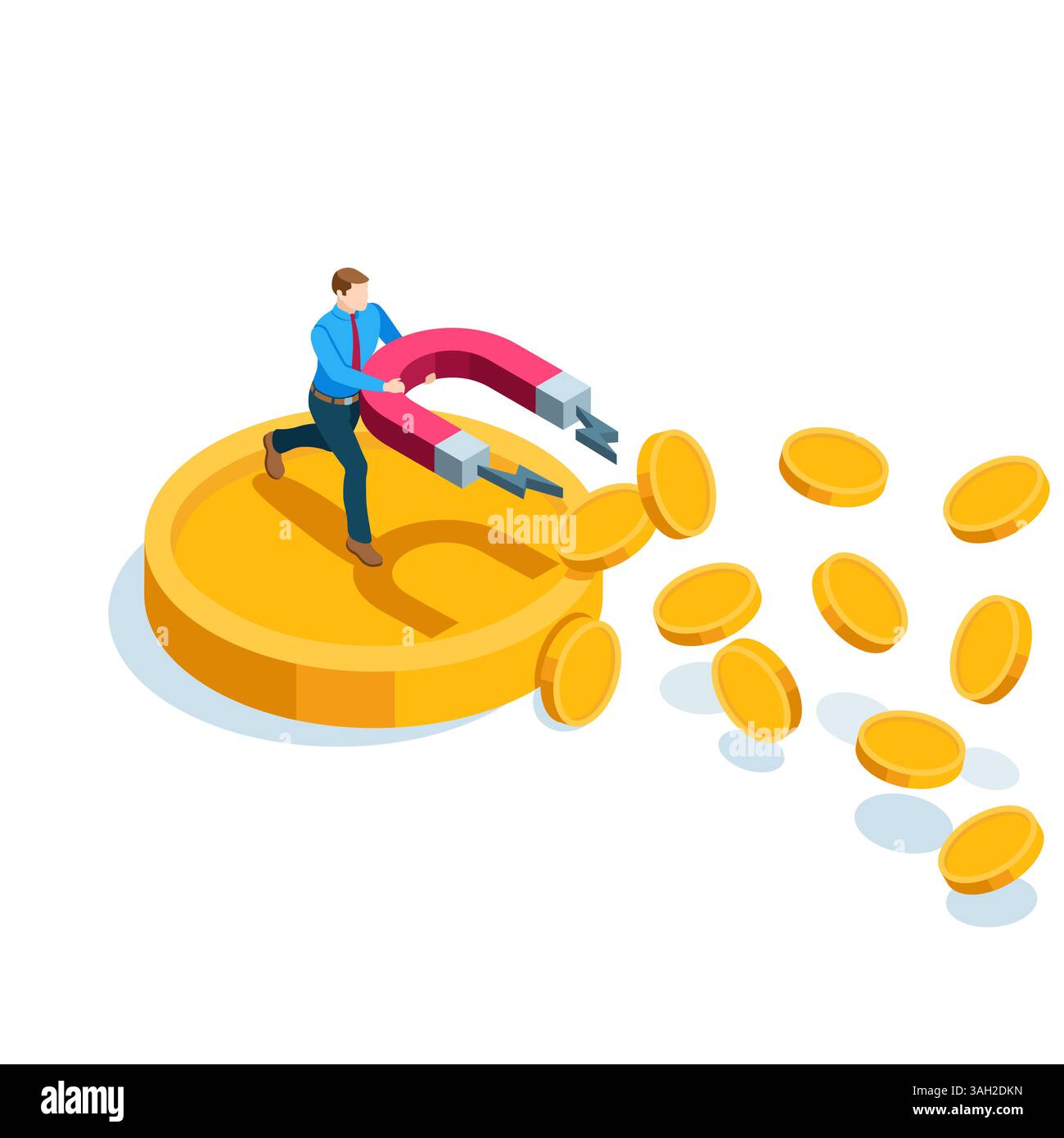 isometric business man with a powerful magnet attracts money, in color ...