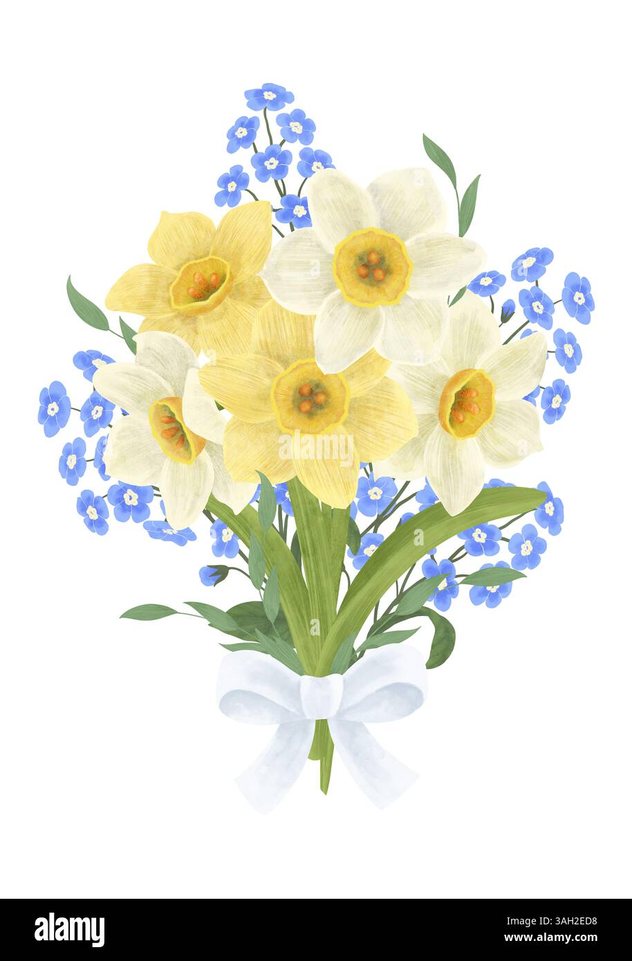 Bouquet with flowers of blue forget-me-nots, yellow and white daffodils ...