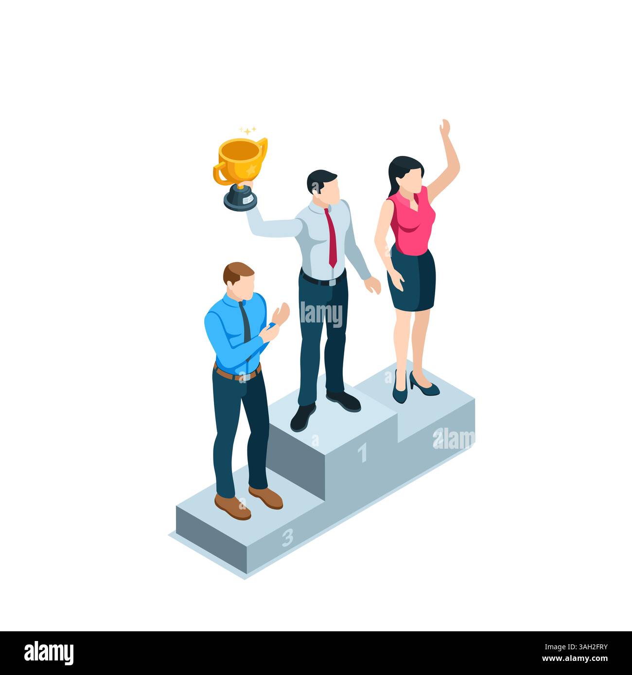 isometric business people on pedestal and winner with trophy in color ...