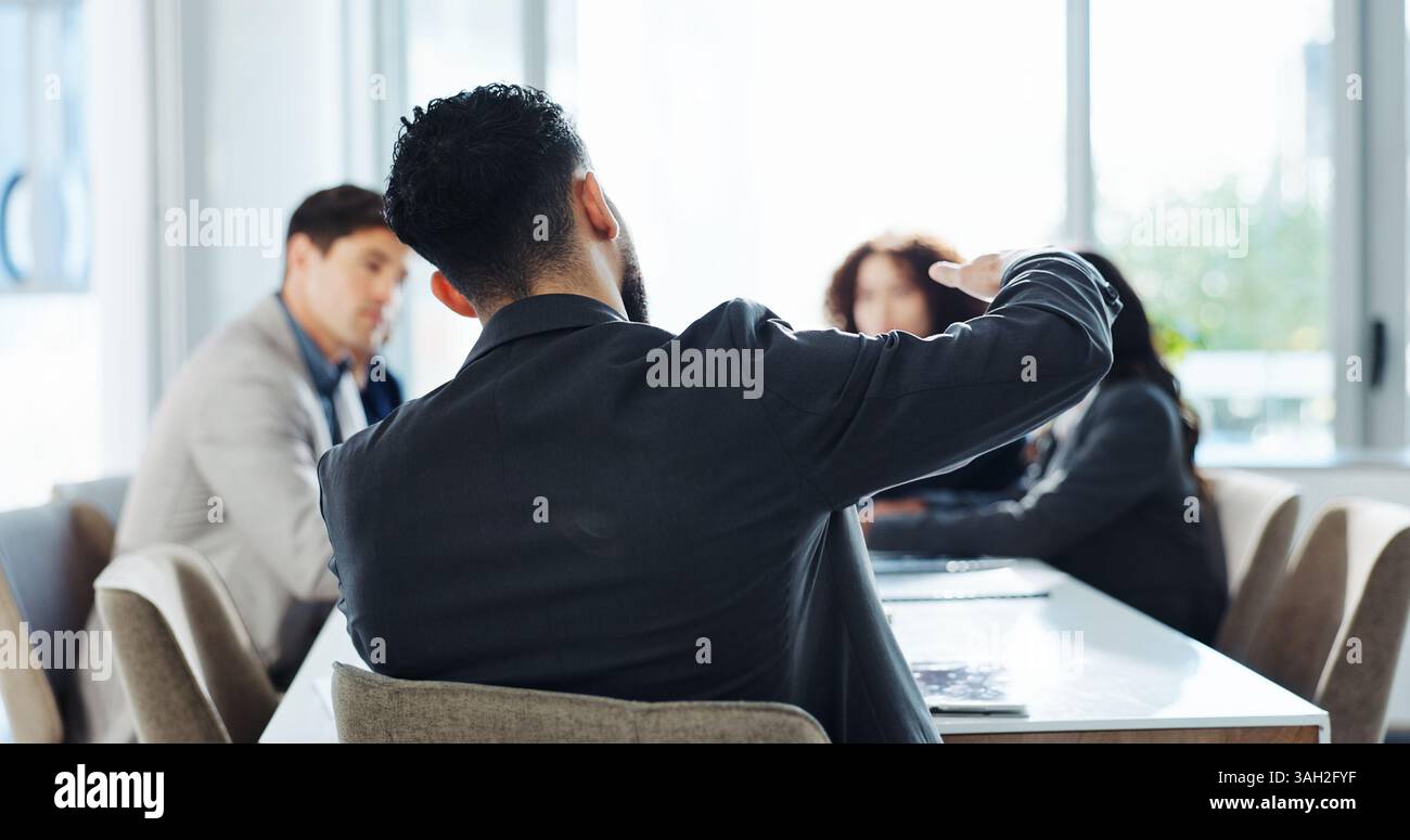 Back, business man and discussion in meeting for financial compliance ...