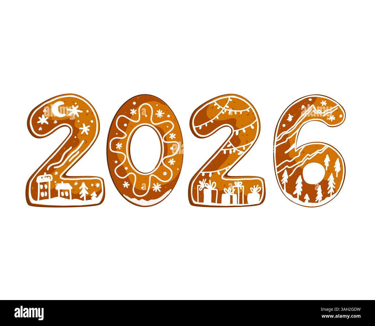 Festive Happy 2026 New Year gingerbread cookies with icing. Isolated ...