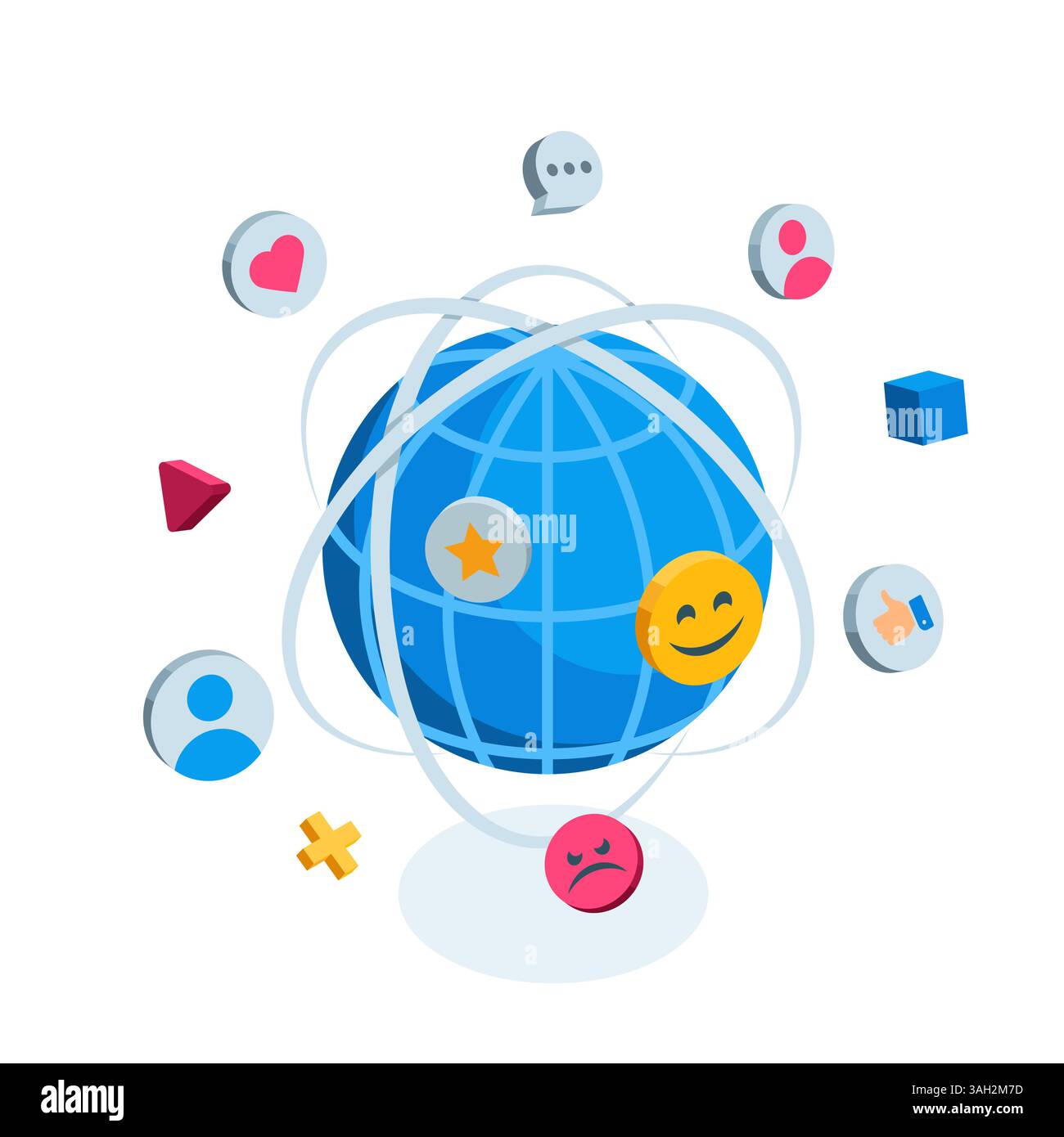 isometric globe and flying around icons and emoticons in color on white ...