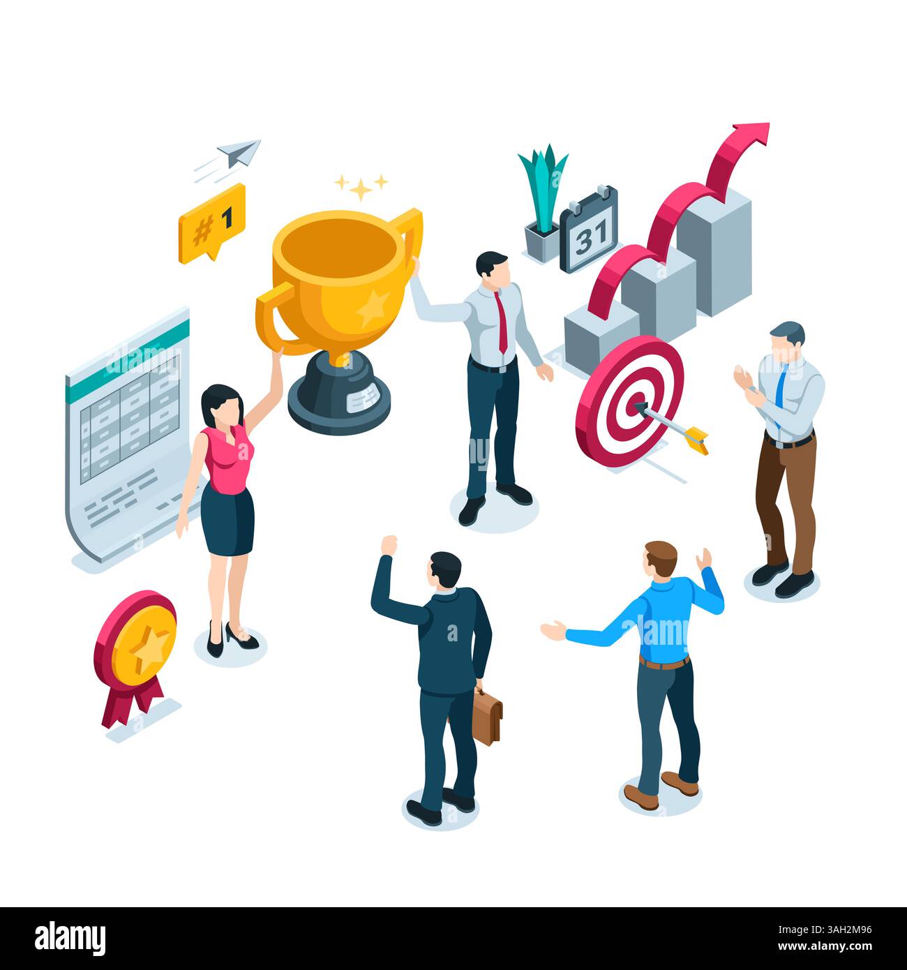 isometric business people with a trophy rejoice in the victory in the ...
