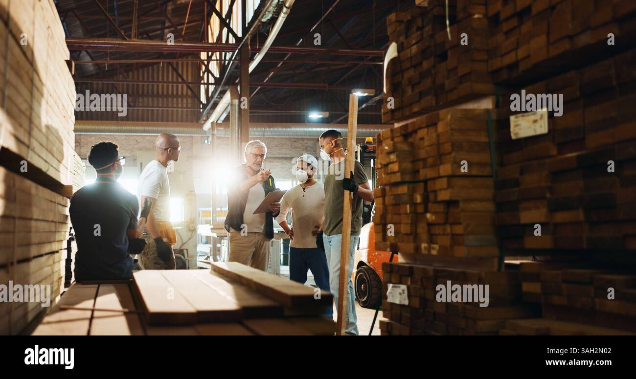Carpenter, wood and team with people in warehouse for furniture ...