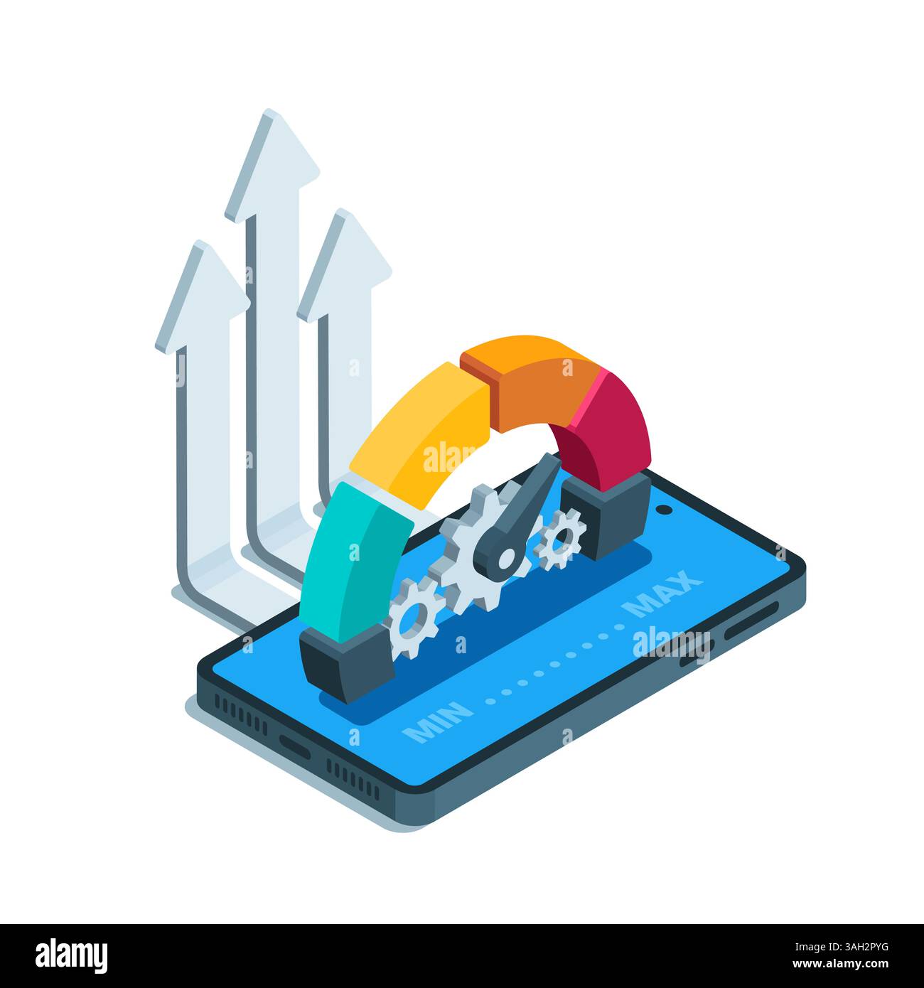 isometric scale with gears on the smartphone screen and up arrows, in ...