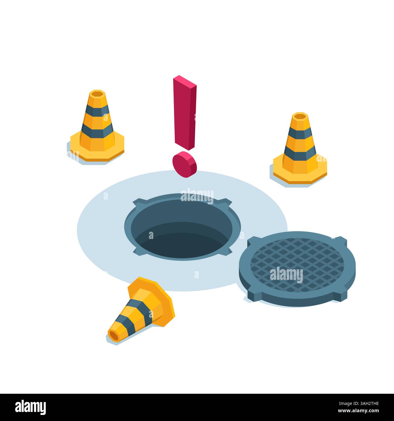 isometric open hatch with restrictive cones and exclamation mark, in ...
