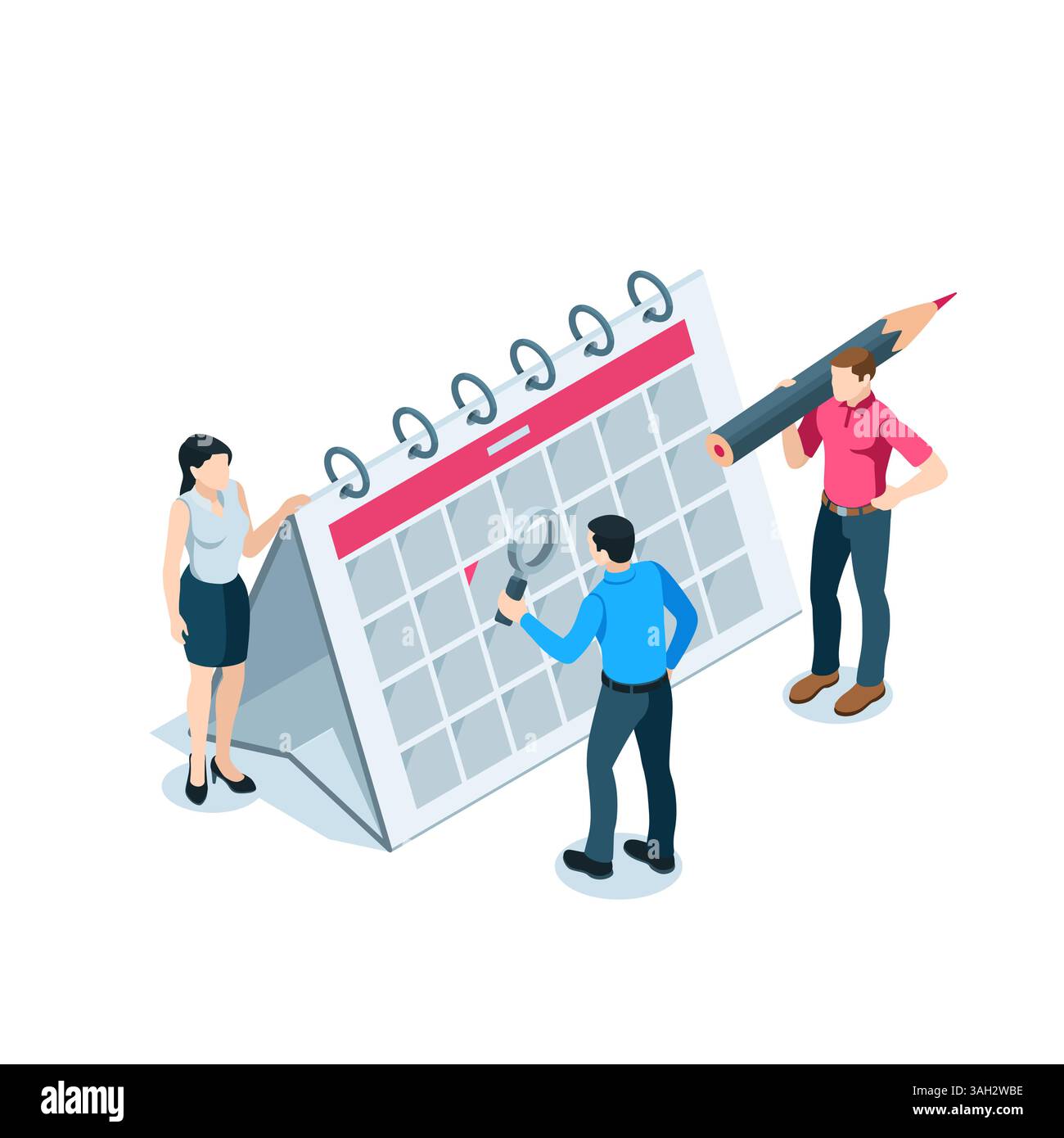 isometric men and woman near the calendar, in color on a white ...