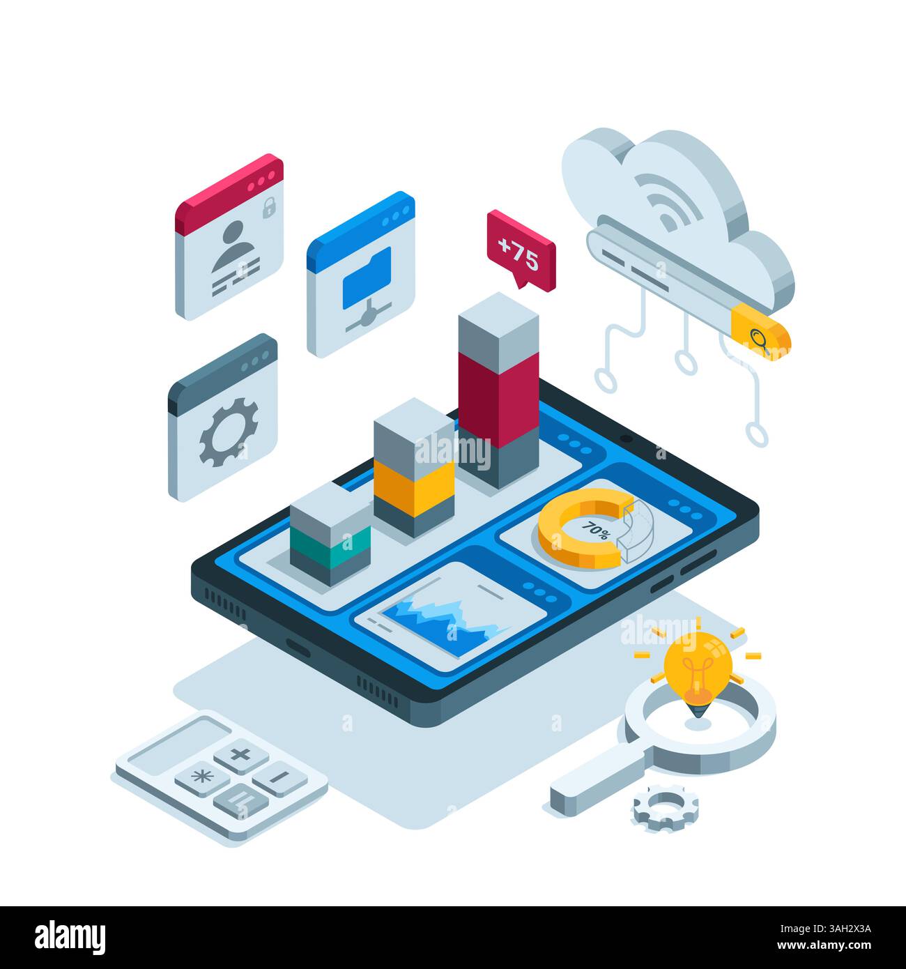 isometric tablet with charts on the screen, in color on a white background, digital statistics ...