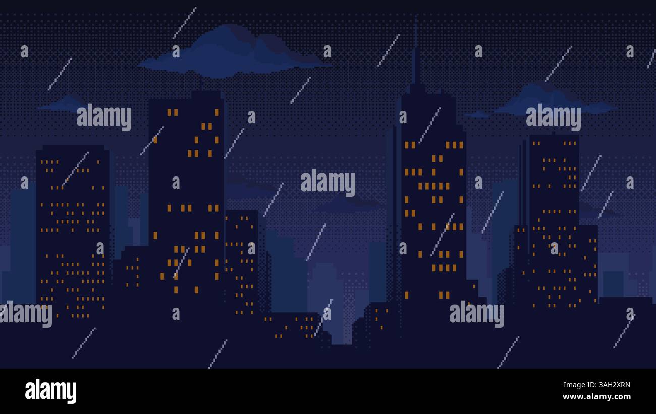 Pixel art of night city silhouette in rainy weather. Retro style 8-bit ...