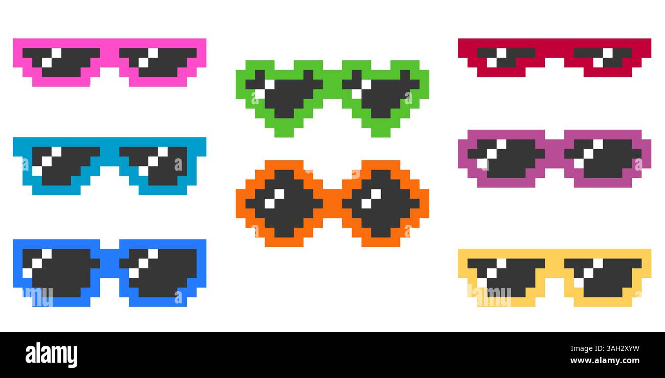 Bright collection of pixel 8 bit stylized sunglasses Stock Vector Image ...