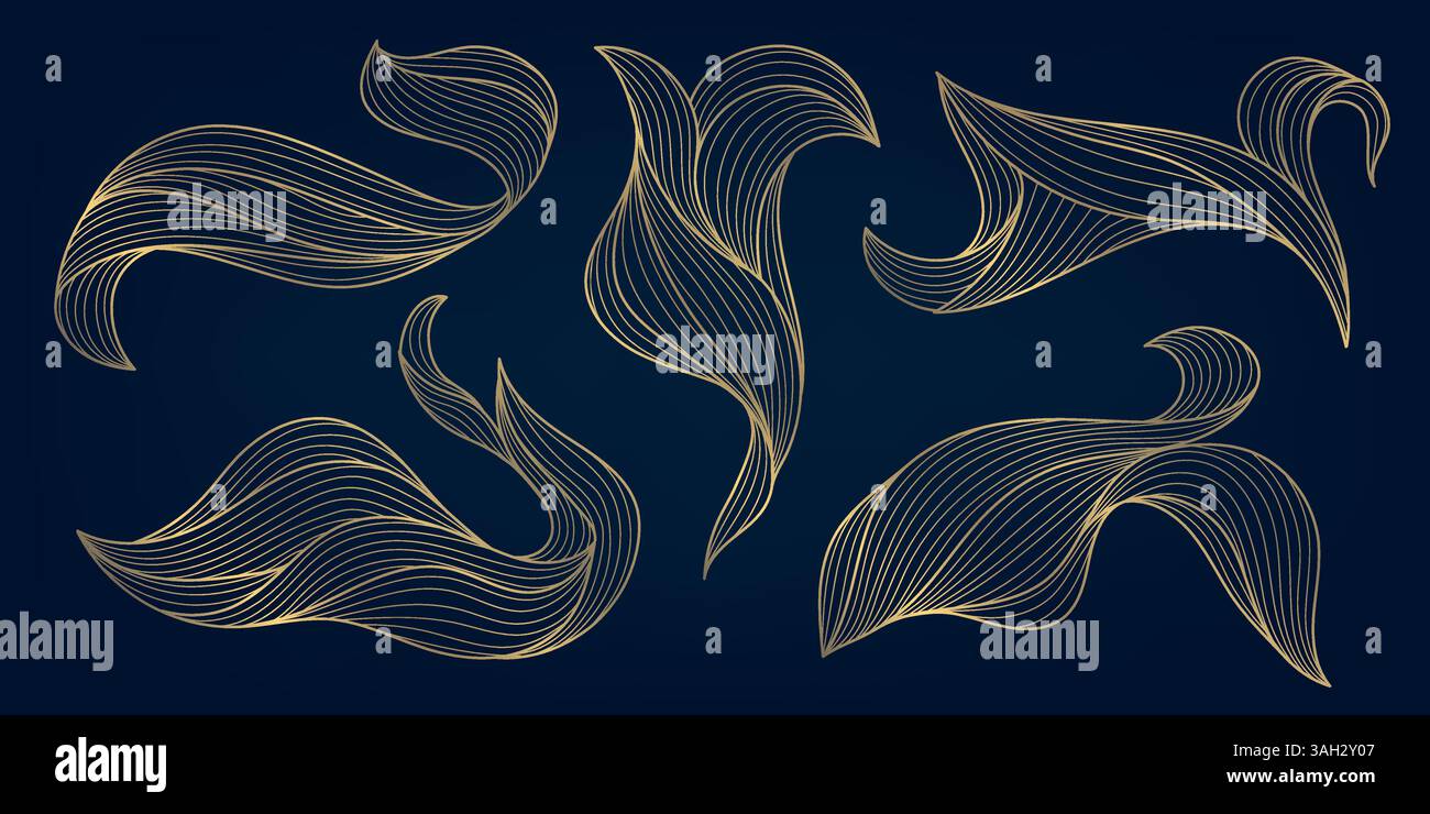 Vector set of gold line wave shapes, curve flow, cloud illustrations ...