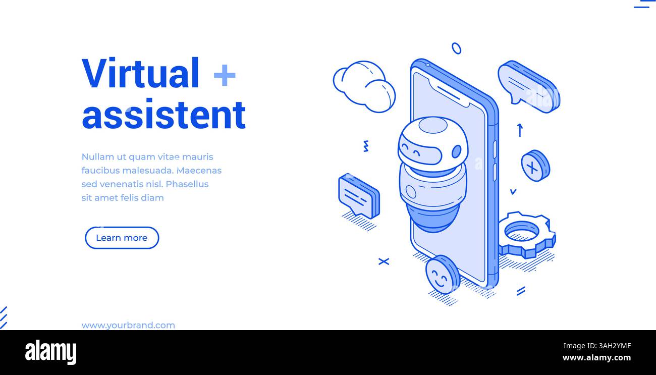 Virtual assistant AI robot smartphone application isometric monochrome web banner vector ...